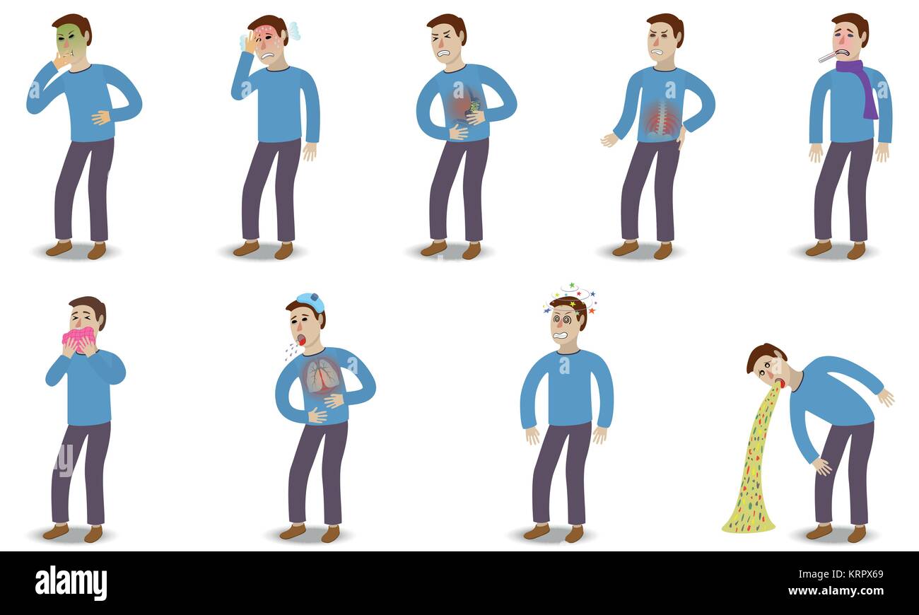 Sick characters set of people with pain and diseases isolated vector ...
