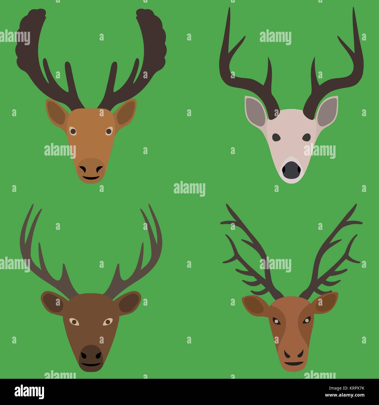 Collection of deer heads in a flat design - isolated on green ...