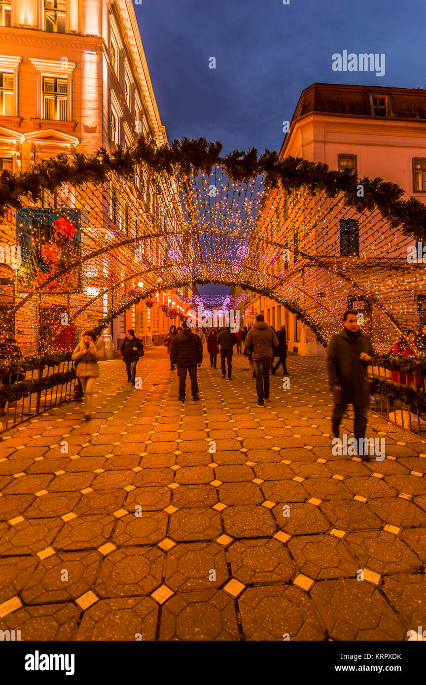 winter night scenery city square with Christmas tree and holiday market ...