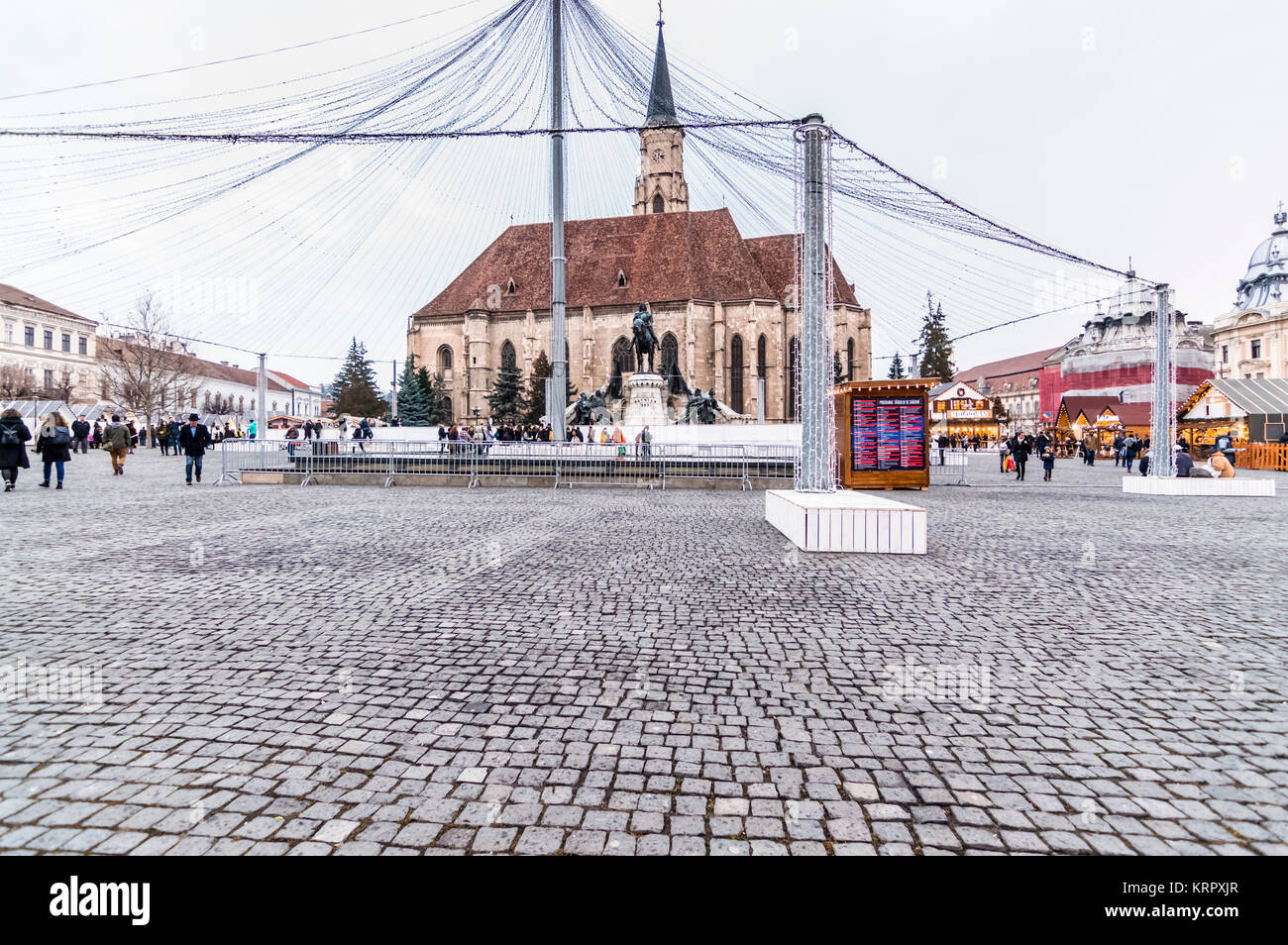 winter night scenery city square with Christmas tree and holiday market ...