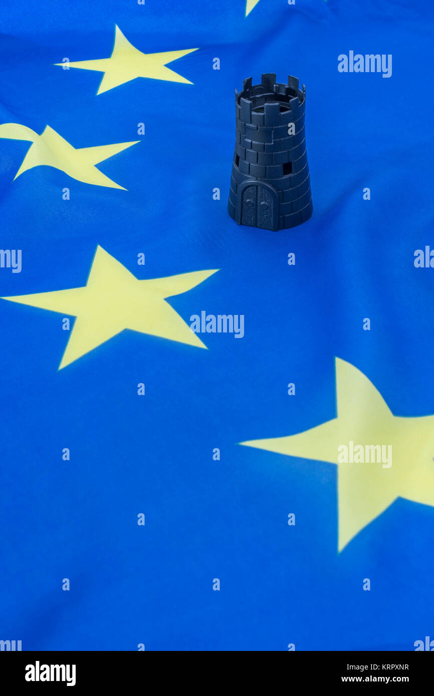 EU flag with black castle - metaphor for Fortress Europe, common ...