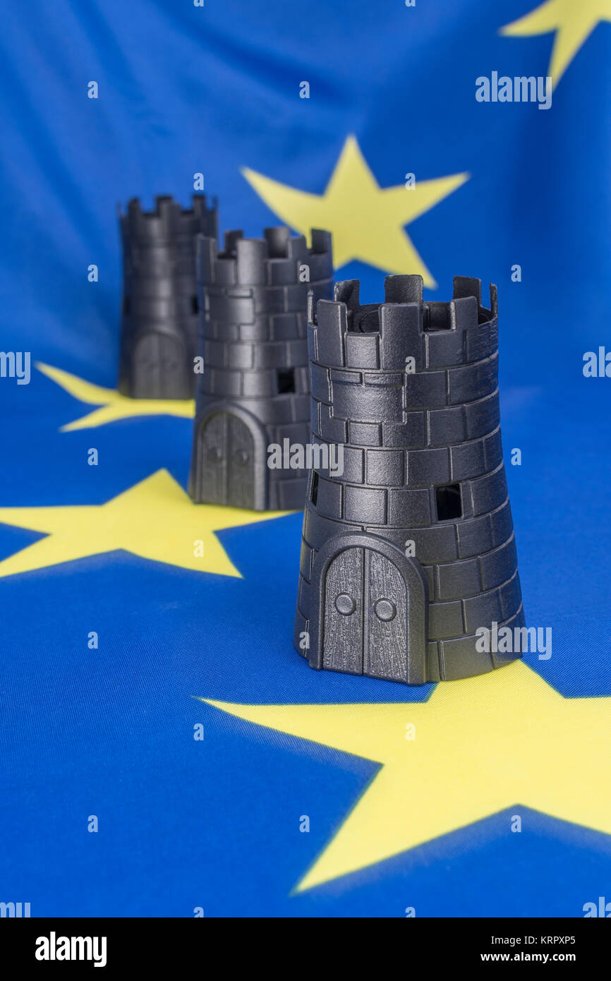 EU flag with black castle - metaphor for Fortress Europe, common ...