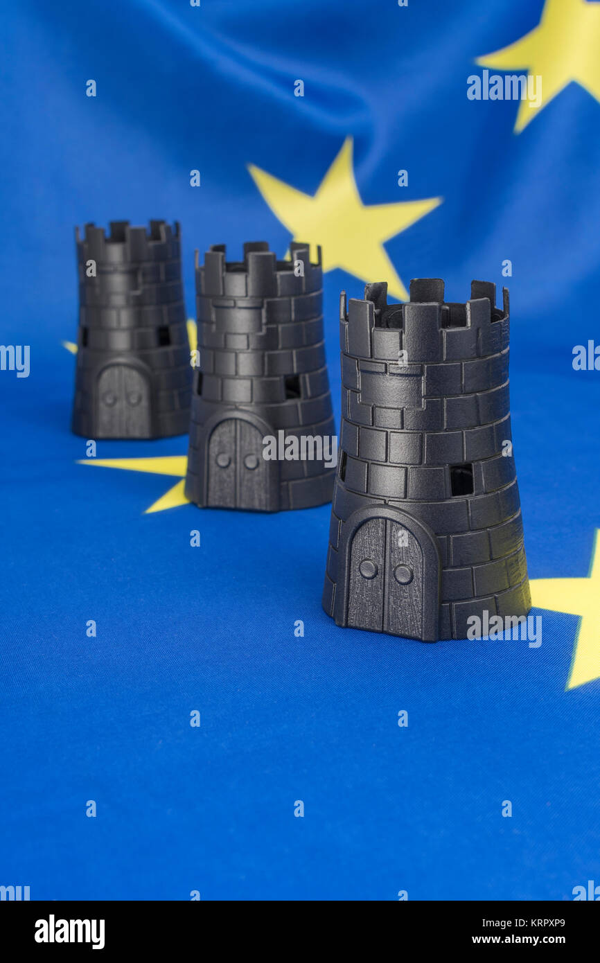 EU flag with black castle - metaphor for Fortress Europe, common ...