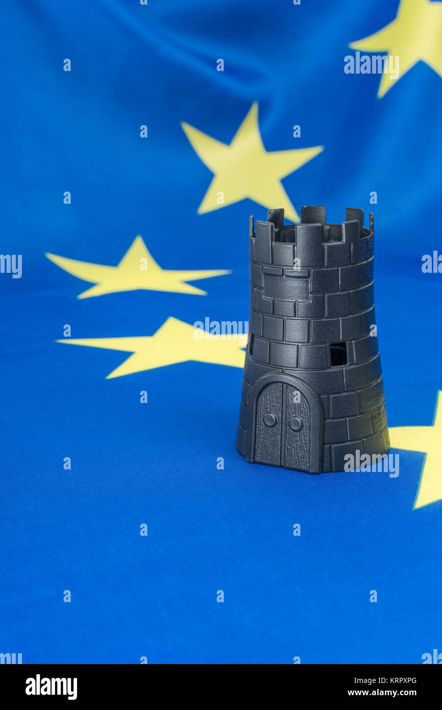 EU flag with black castle - metaphor for Fortress Europe, common ...