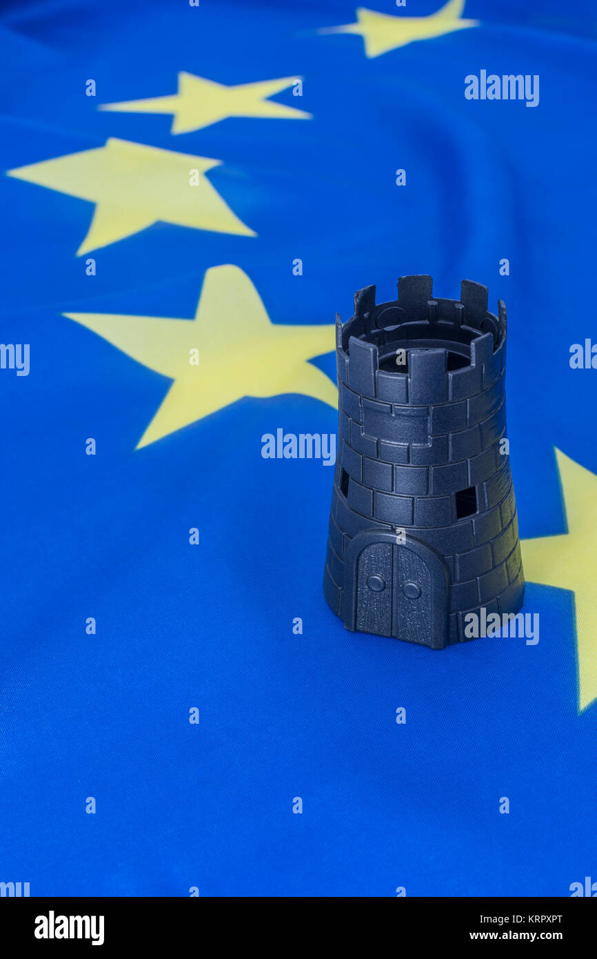 EU flag with black castle - metaphor for Fortress Europe, common ...