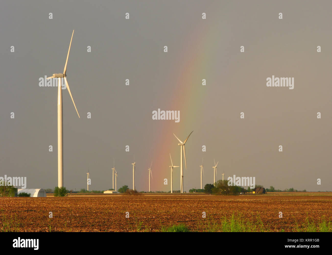 A rainbow forms in a field of wind turbines surrounded by farmland ...