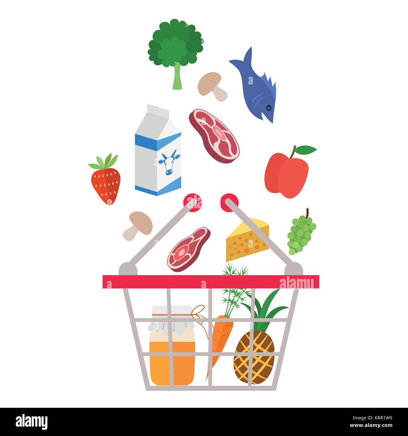 Food and drink products falling down into basket - illustration on ...