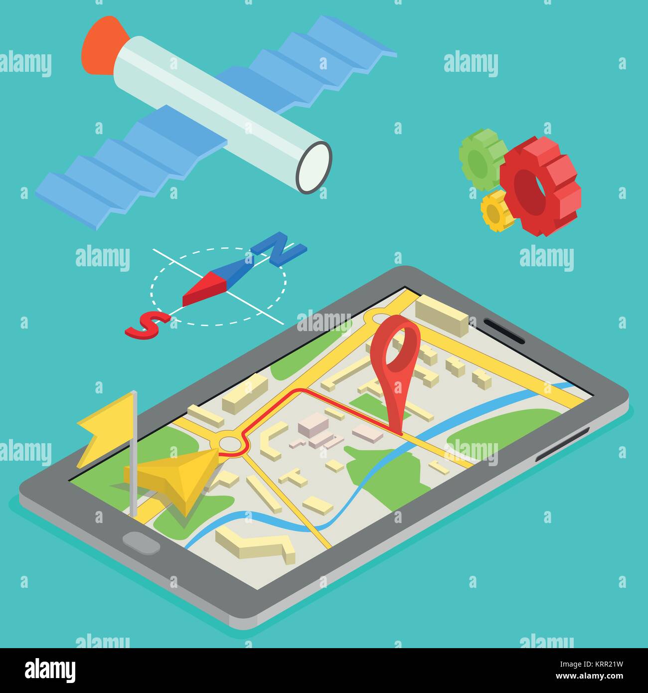 Illustration Of Gps In Mobile Phone Showing Route Map Isometric Illustration Stock Vector
