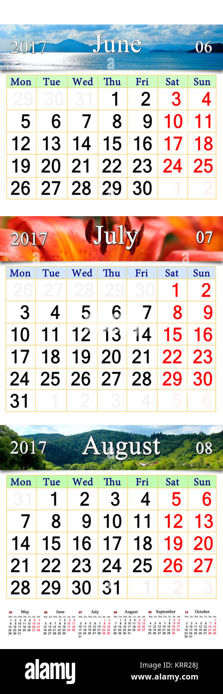 Calendar for June July and August 2017 with pictures Stock Photo - Alamy
