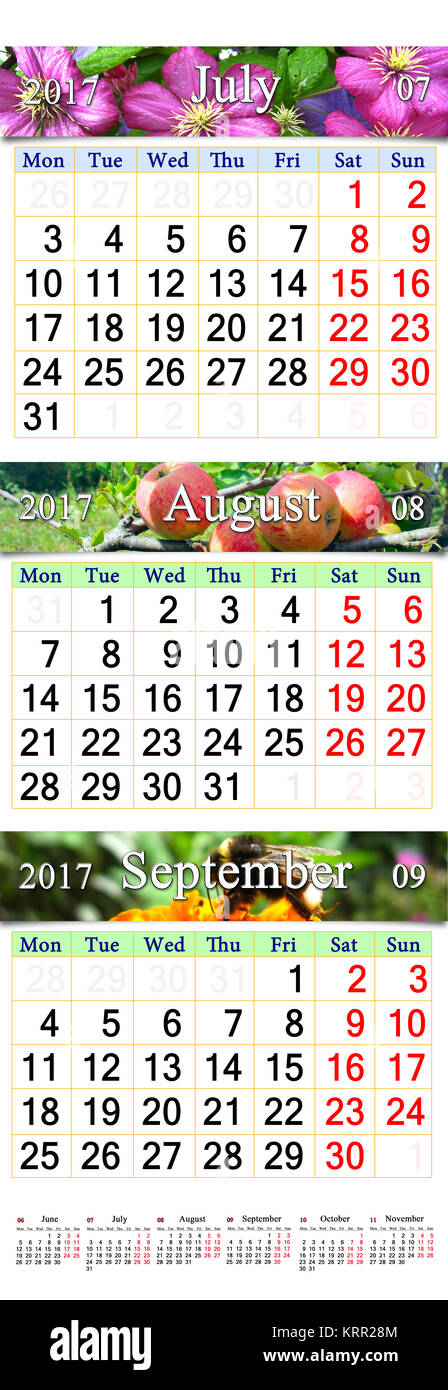 Calendar for July August September 2017 with three colored images Stock ...