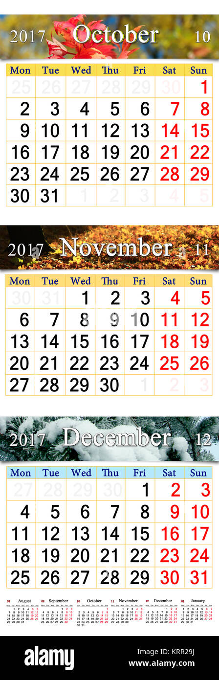 calendar for October November and December 2017 with colored pictures ...