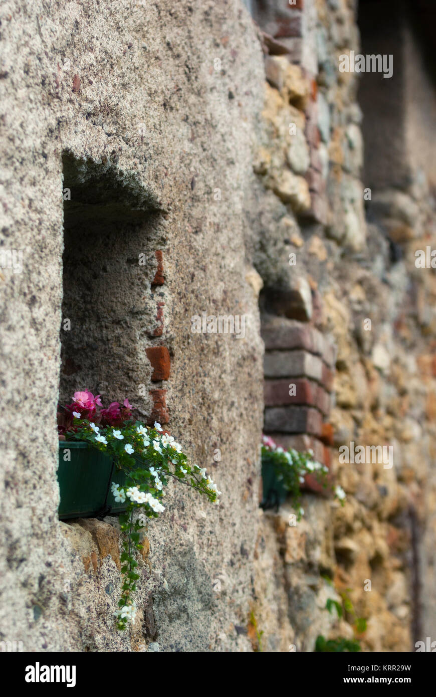 window with colorful flowers in an old stone house Stock Photo - Alamy