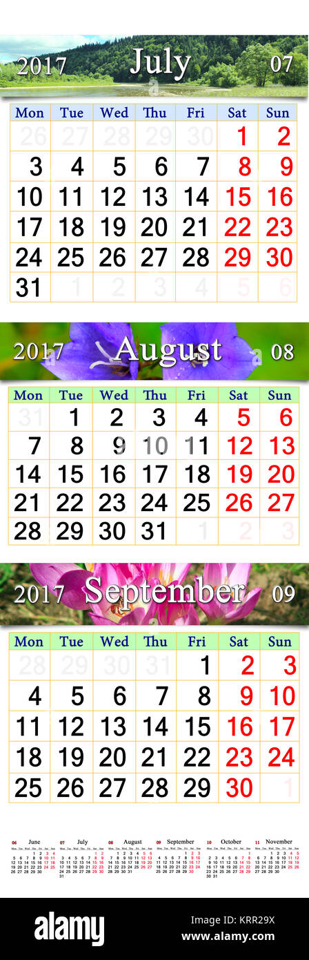 Calendar for July August September 2017 with three colored images Stock ...