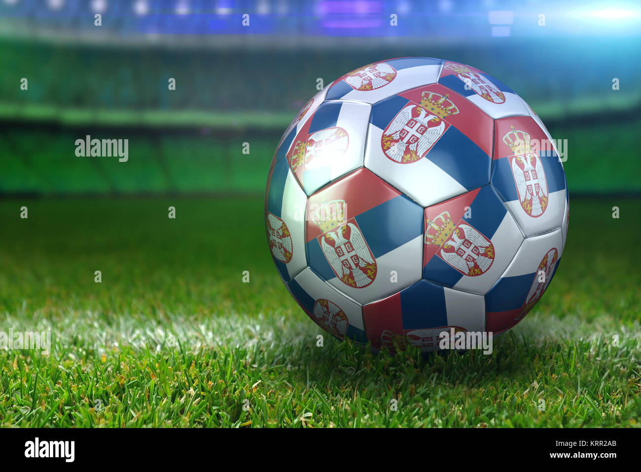 High quality render of 3D football ball at a stadium on green grasses ...