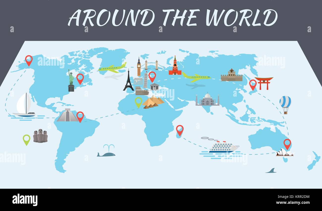 Illustration of vector flat design postcard with famous world landmarks ...