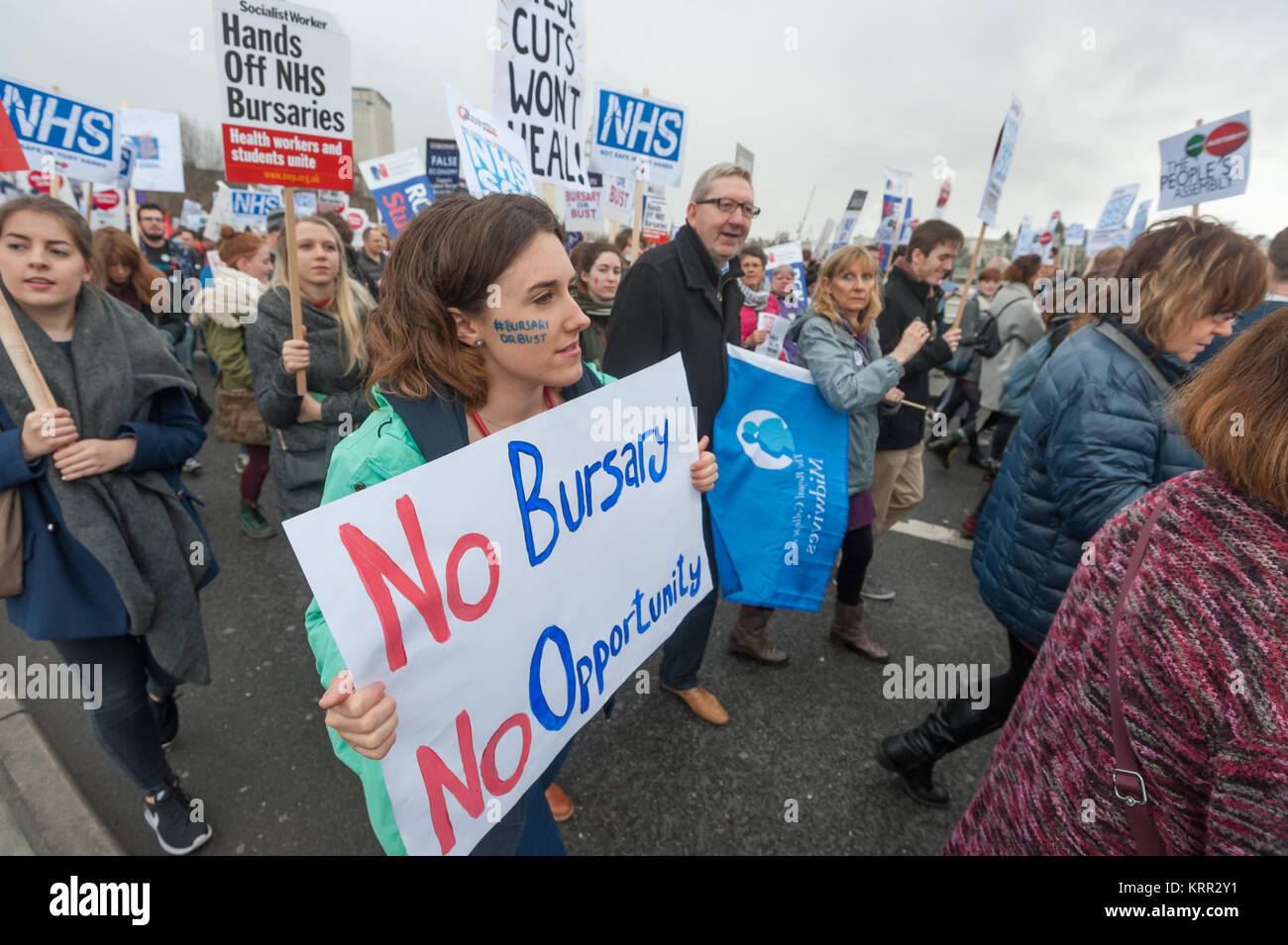 Marchers on Waterloo bridge in the march to save NHS Student Bursaries ...