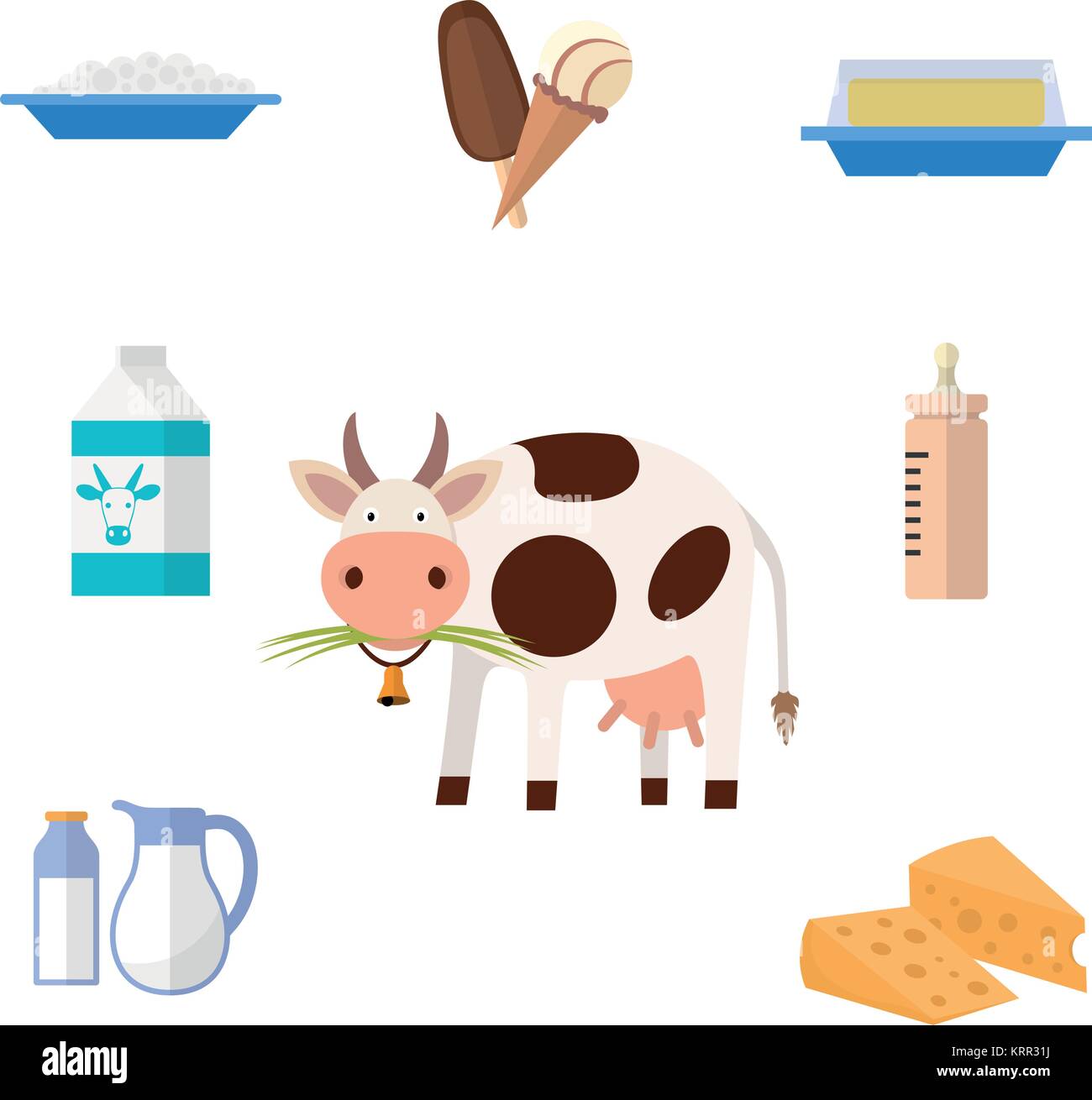 Cow and milk products icons. Food and drink, cheese, butter, ice cream ...