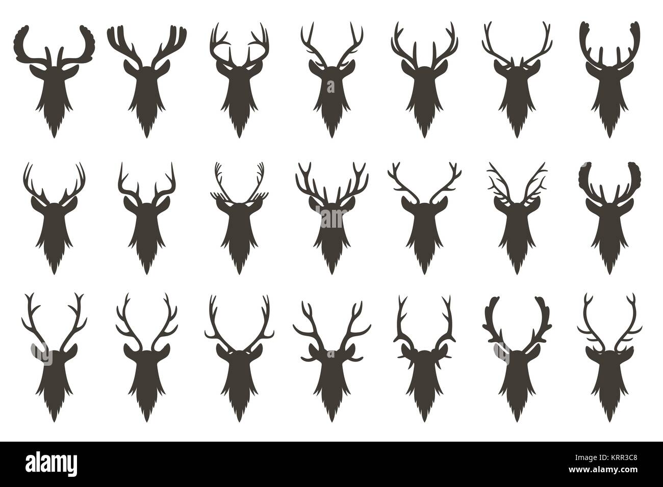 Black silhouettes of deer head with antlers - isolated on white ...