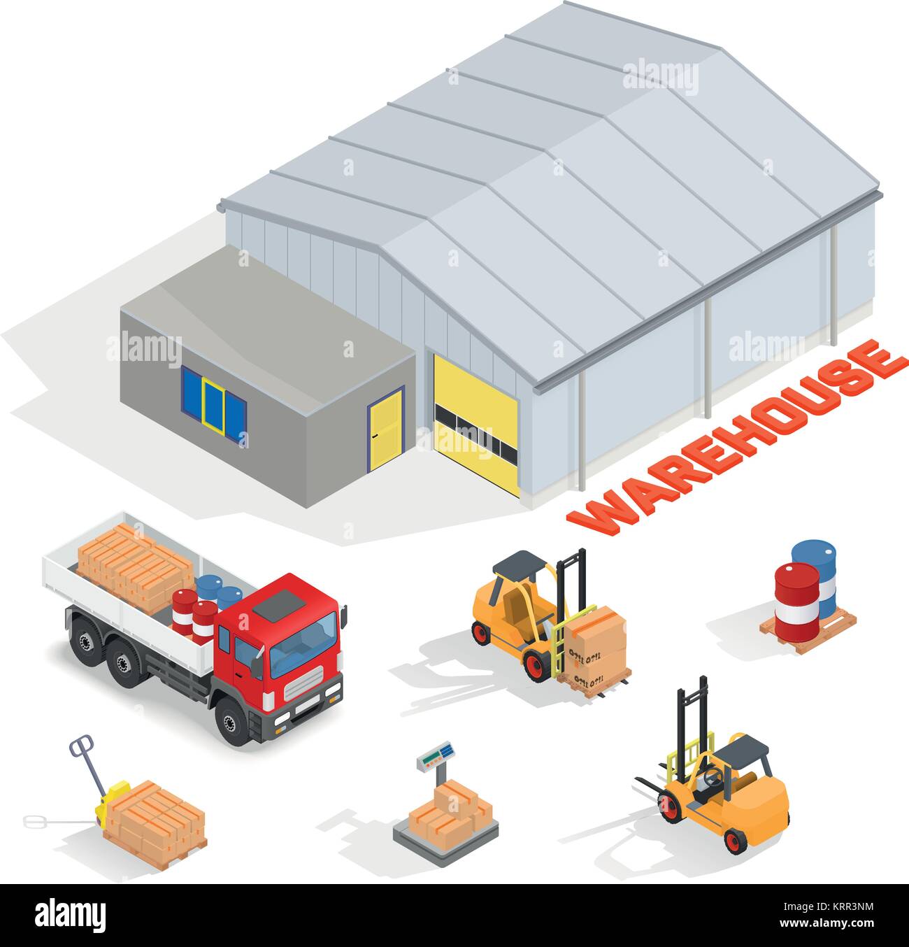 Big warehouse with office. Near forklifts, pallet truck, scales and ...