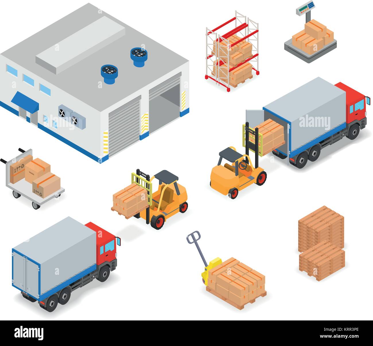 Loading or unloading a truck in the warehouse. Forklifts move the cargo. Warehouse equipment ...
