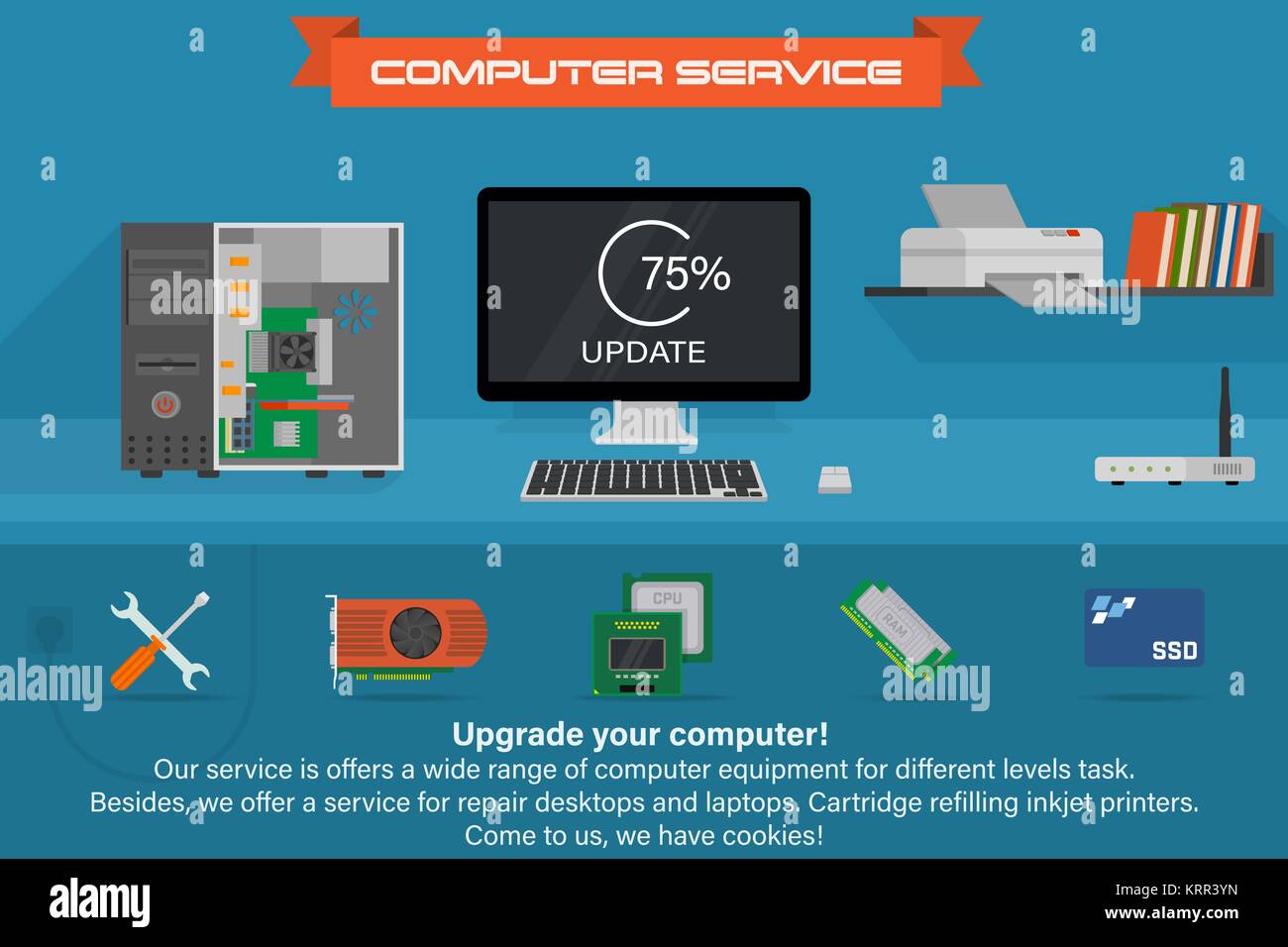 Computer service banner. Running the process of updating. Desktop ...