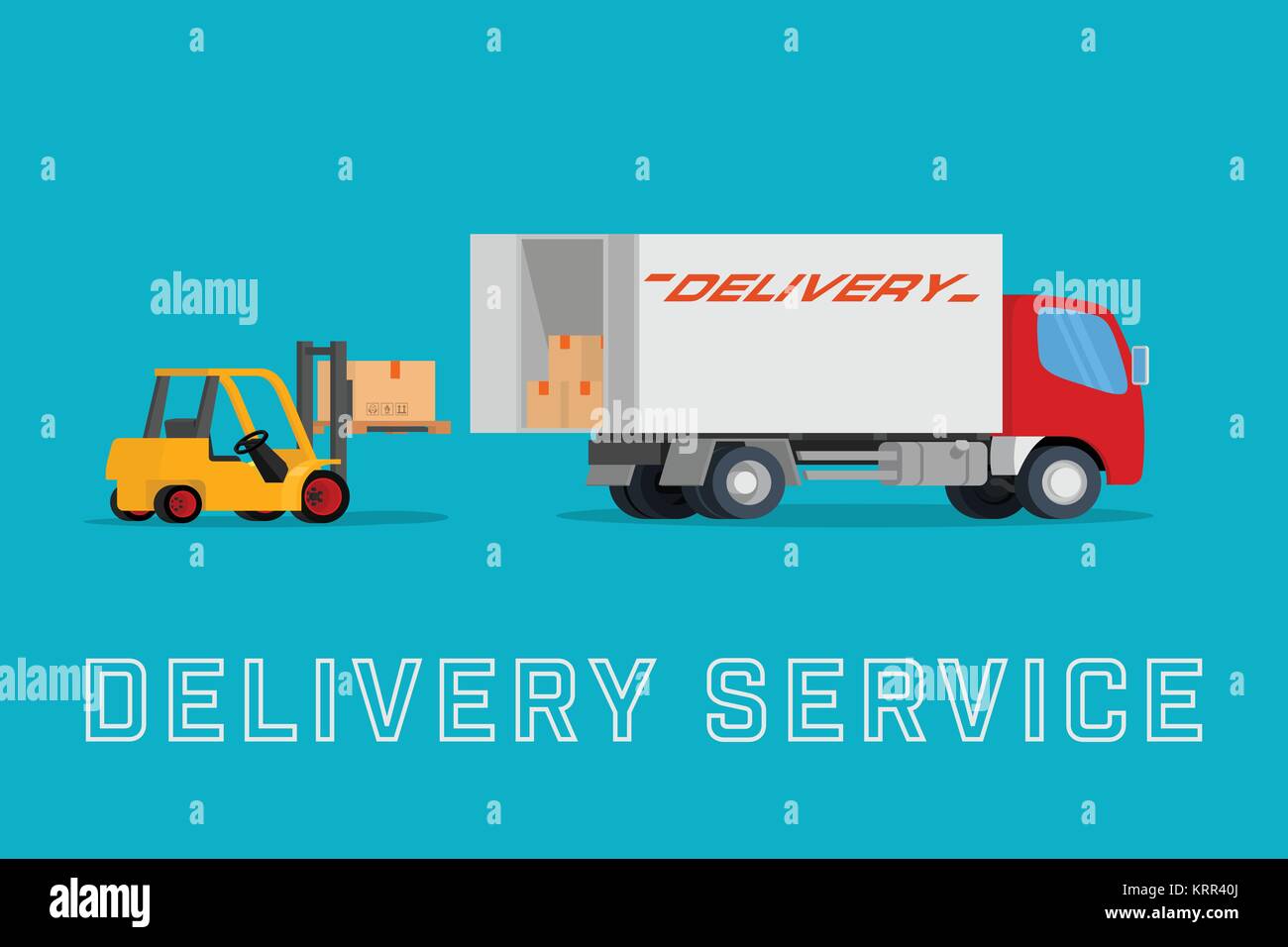 Flat concept illustration of delivery truck with forklift loading ...