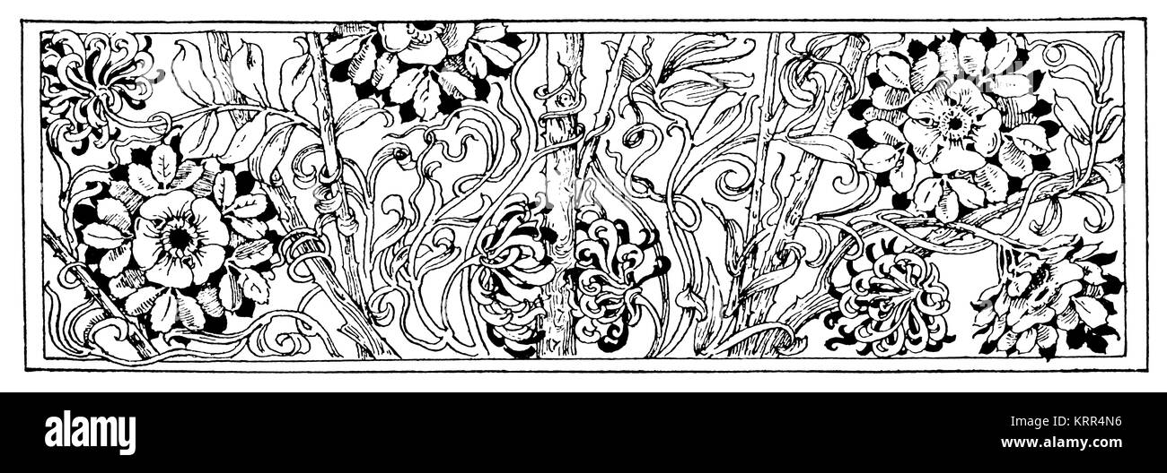 floral pen and ink ornamental chapter heading design by P C Browne ...