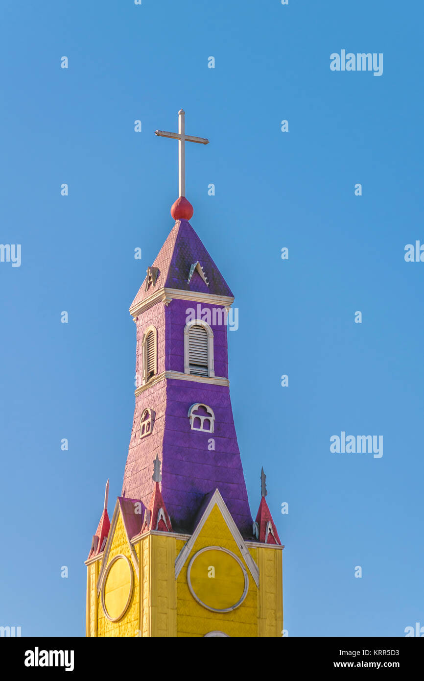 Exterior detail facade of famous wooden catholic church at Castro city ...