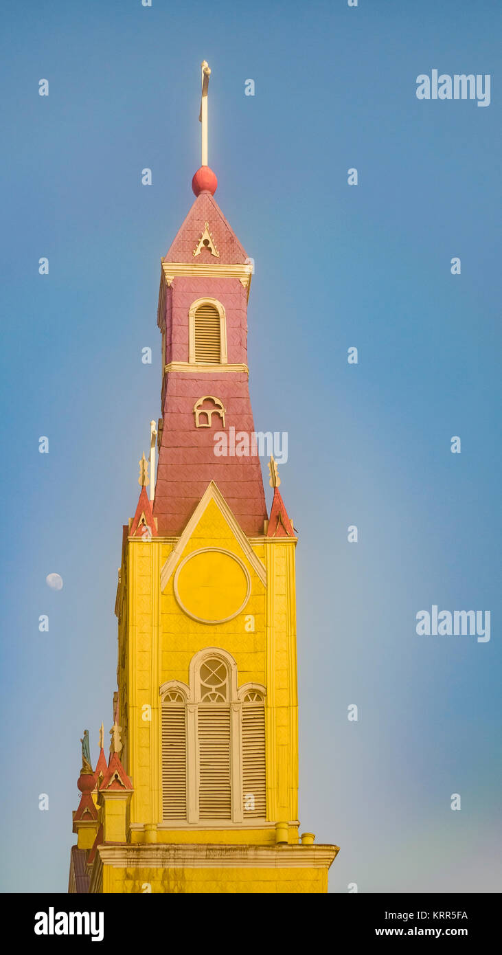 Exterior detail facade of famous wooden catholic church at Castro city ...