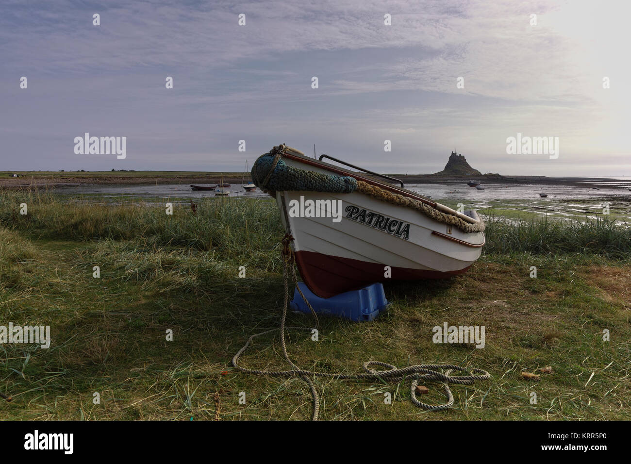 The fishing coble Patricia, sitting on the grass at Holy Island with ...