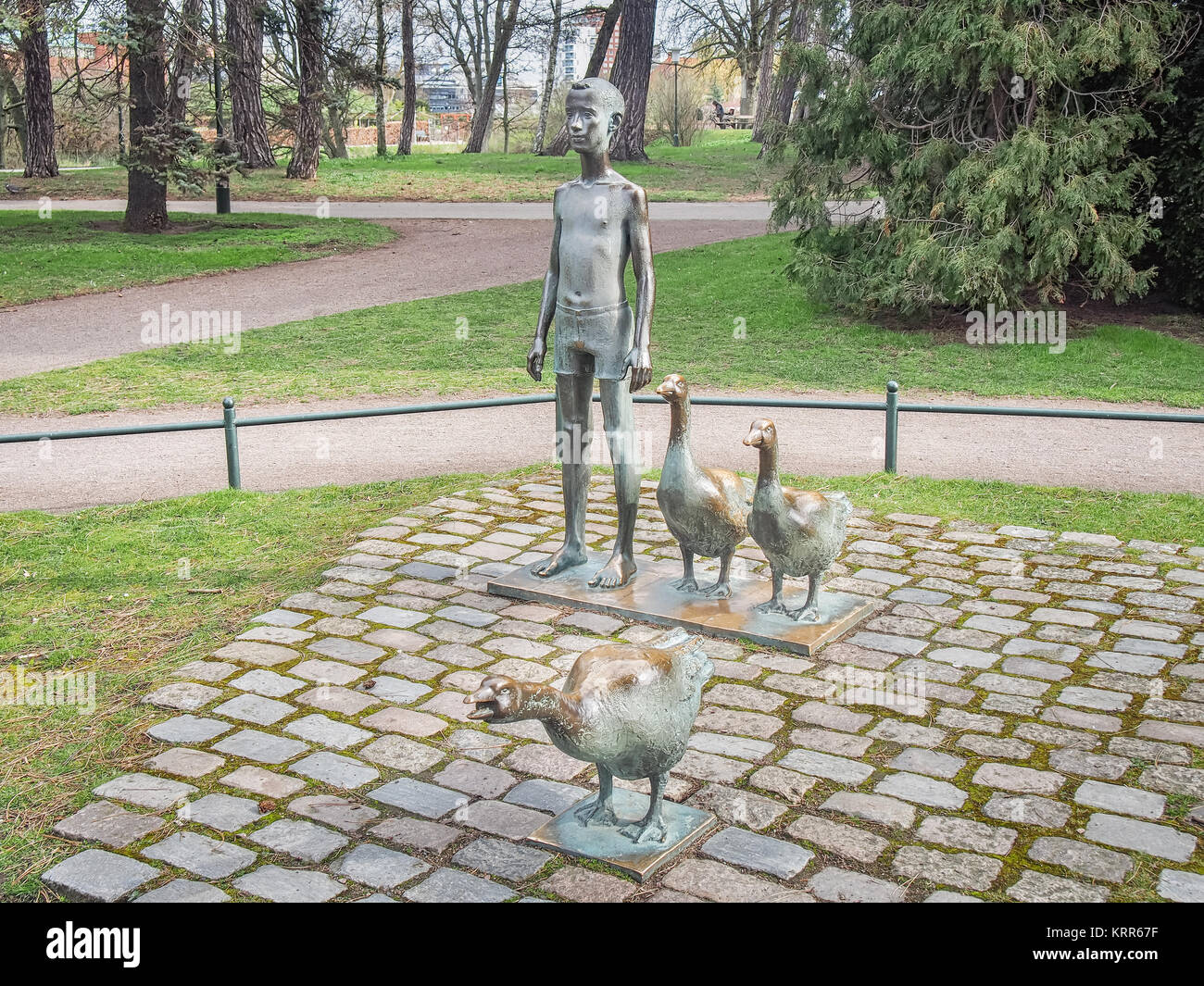 Sculpture composition of Nils with wild geese in slottspark in Malmo ...