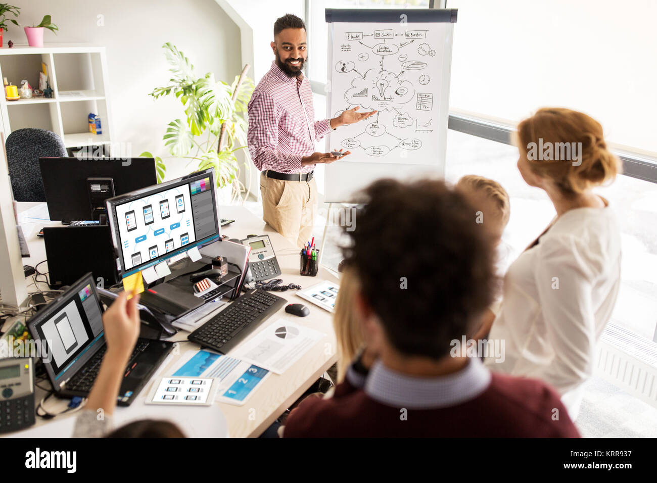 creative team with scheme on flip chart at office Stock Photo - Alamy