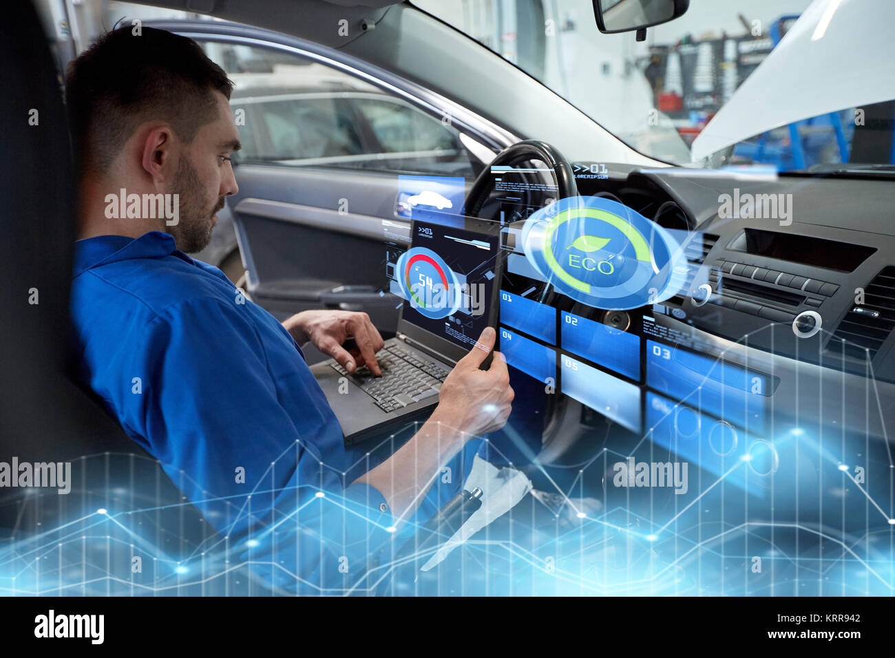 mechanic man with laptop making car diagnostic Stock Photo - Alamy