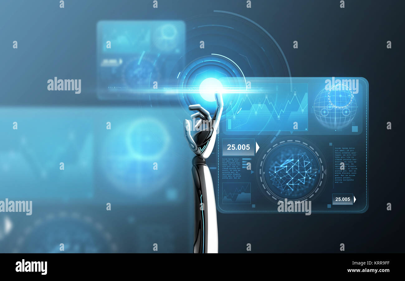 robot hand touching virtual screen over blue Stock Photo - Alamy