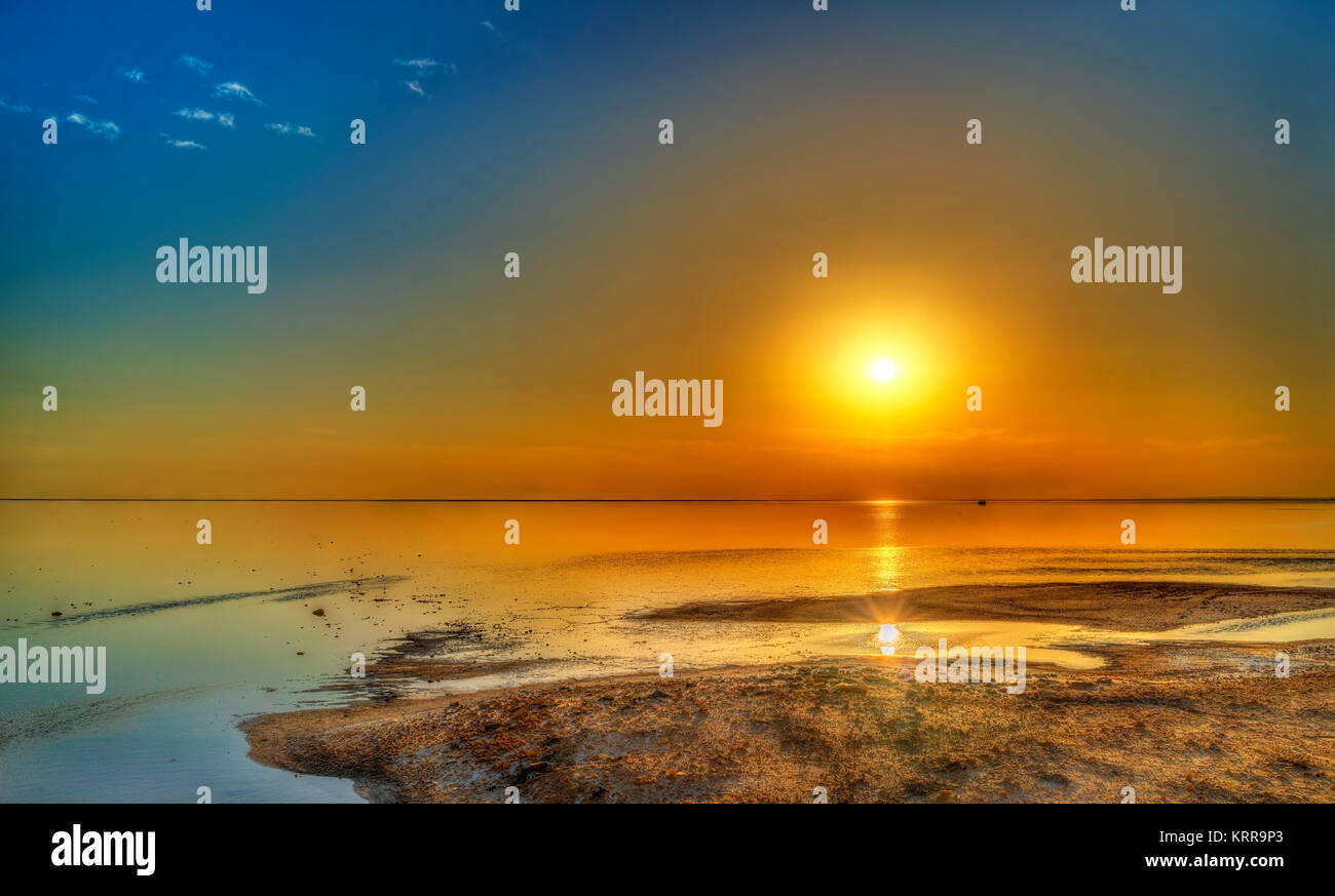 Sunset above Chott el Djerid, an endorheic salt lake in Tunisia Stock ...