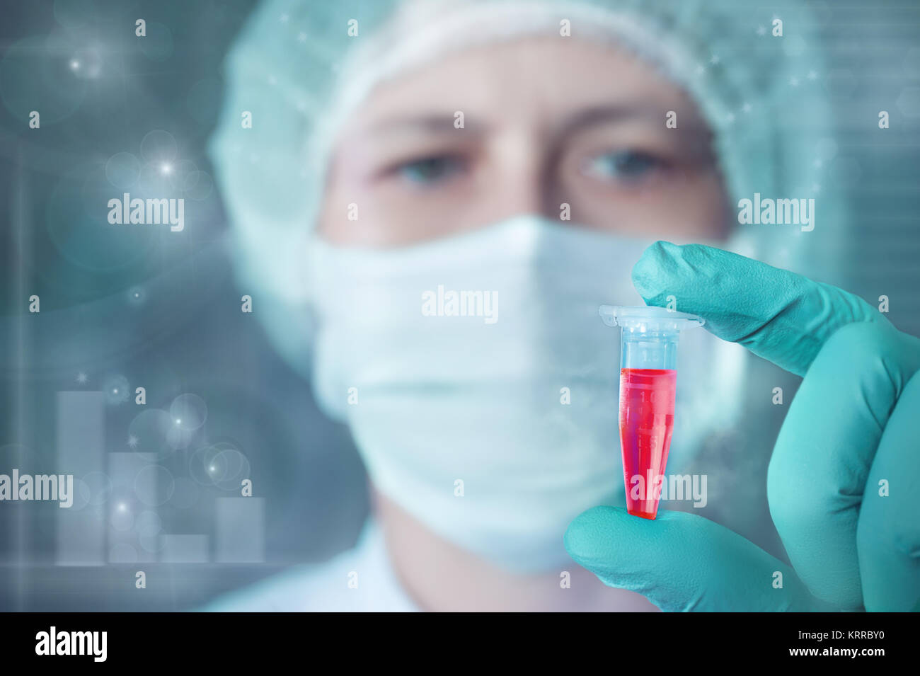 Scientist or tech holds liquid biological sample in gloved hands Stock ...