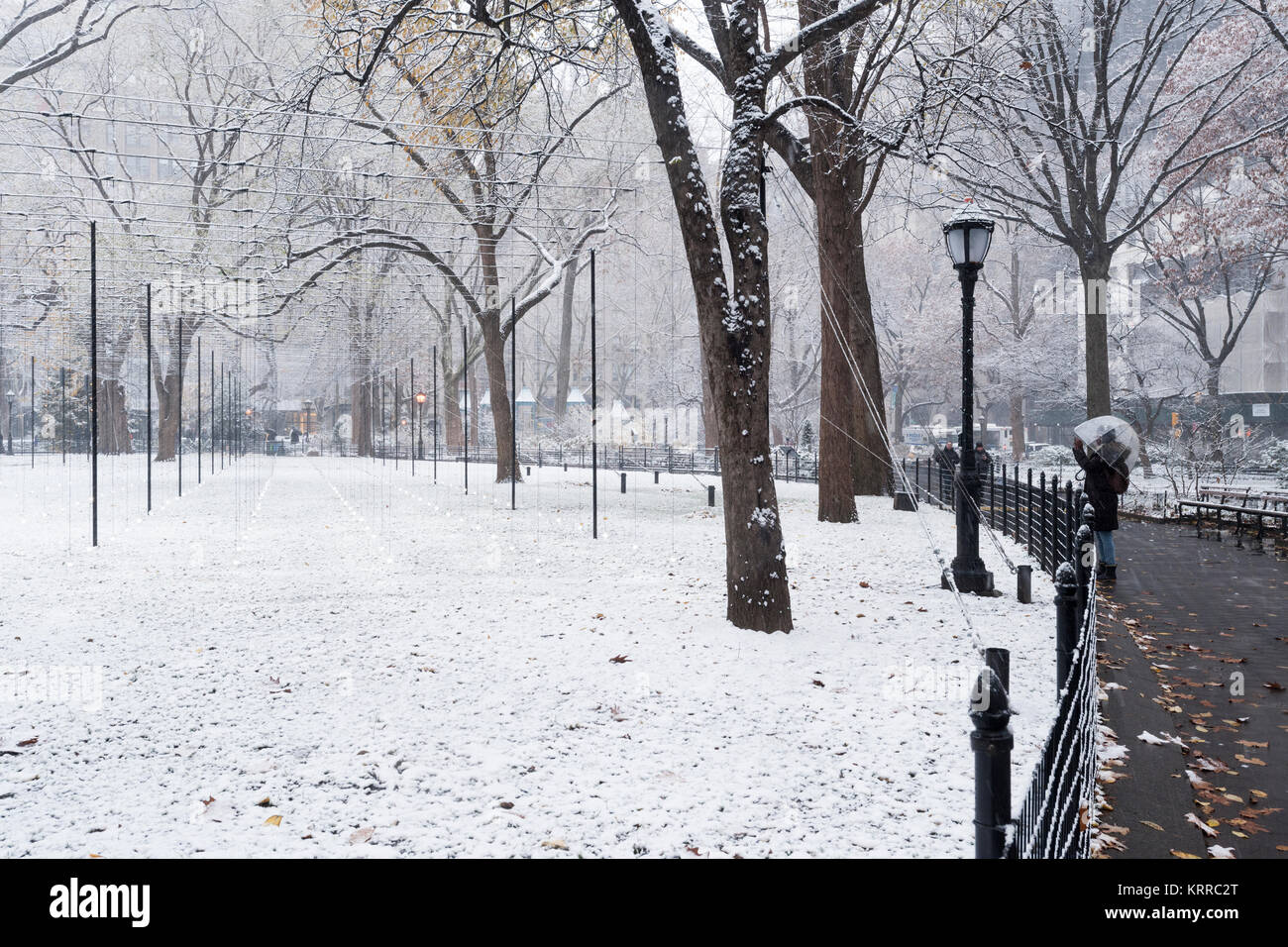 Visitors to Madison Square Park in New York enjoy the snow as they pass ...