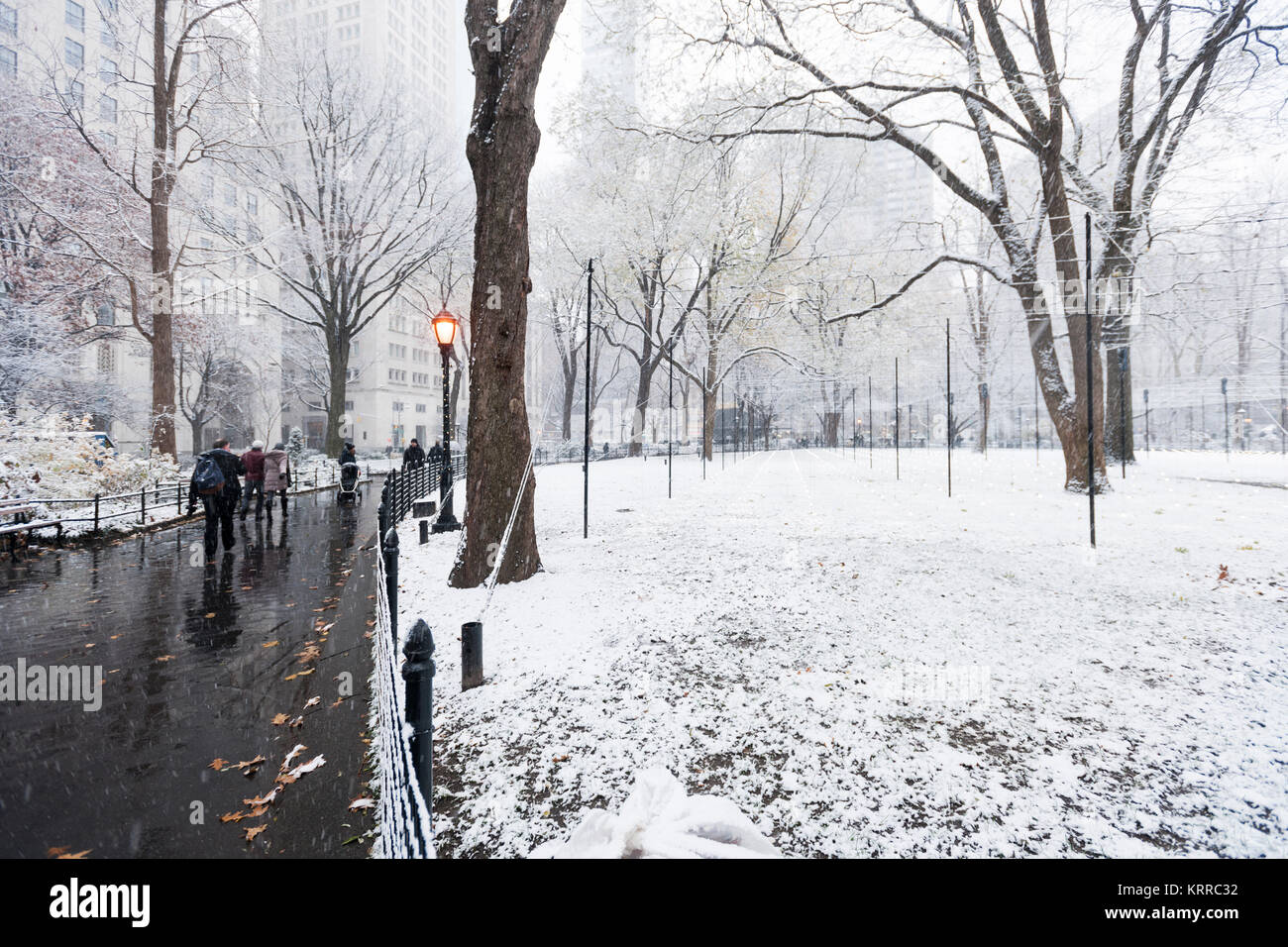 Visitors to Madison Square Park in New York enjoy the snow as they pass ...