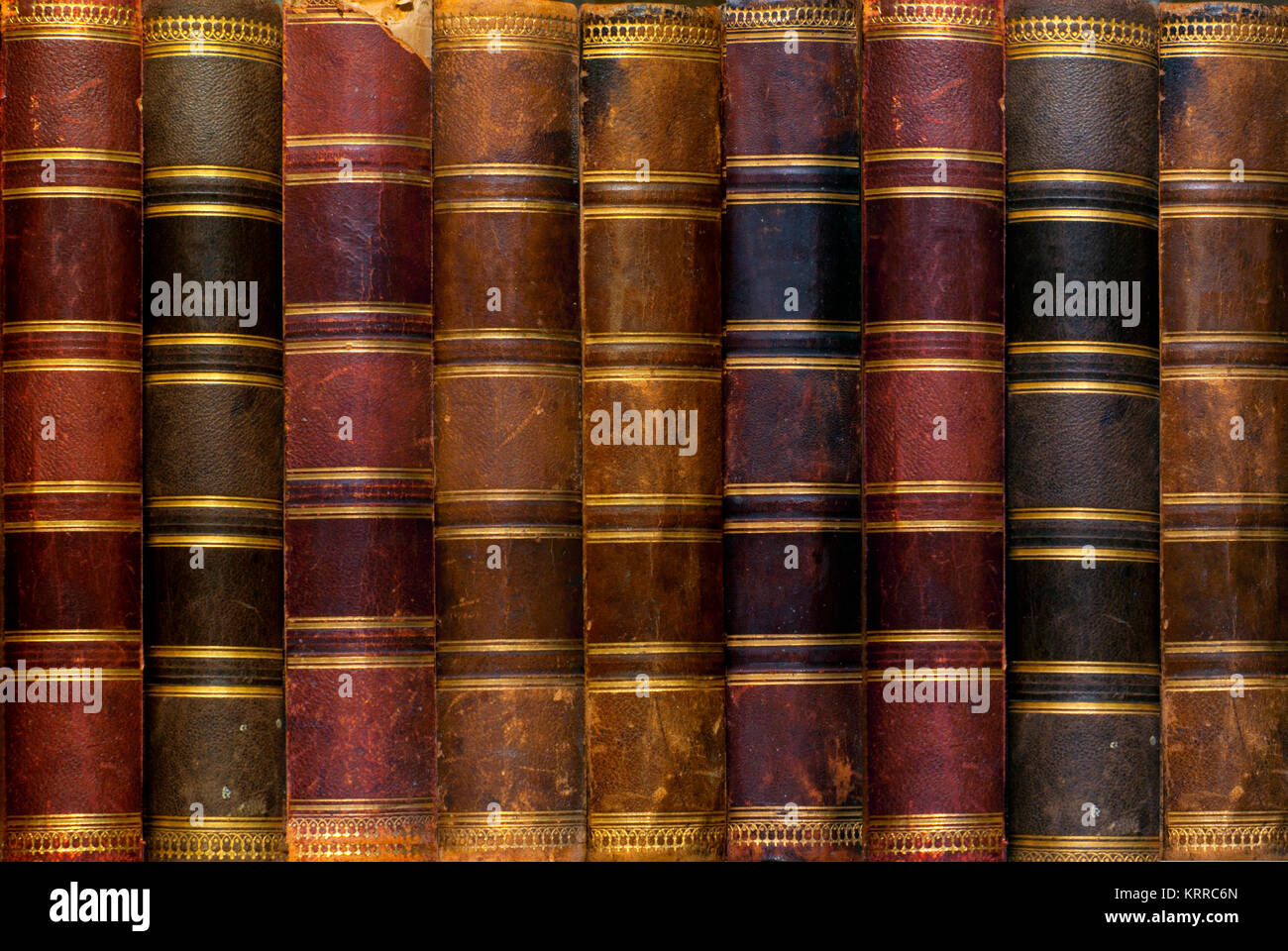 background: a row of worn leather antiquarian book spines with gold ...