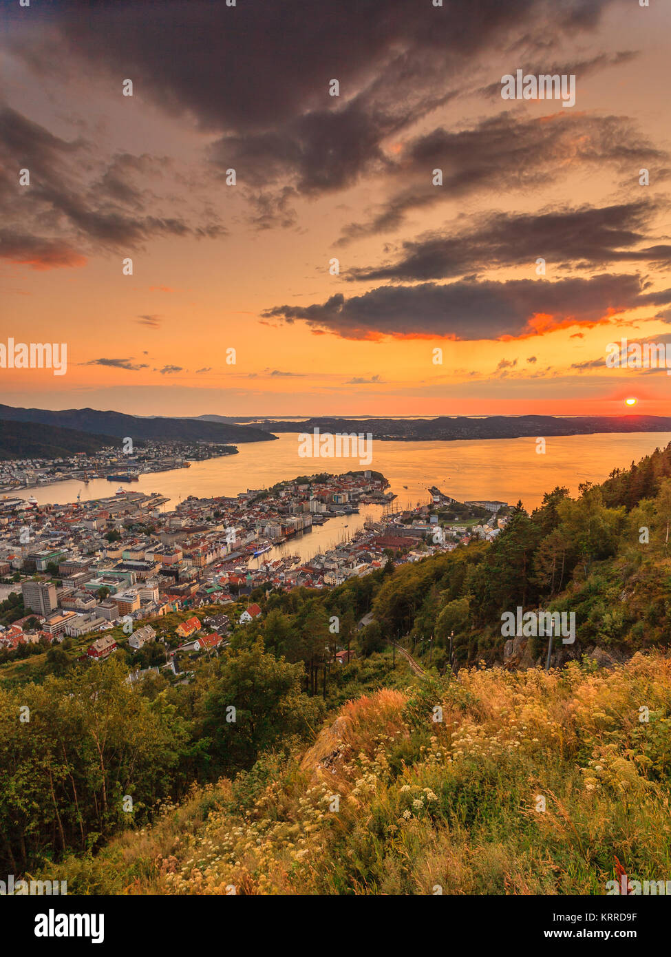 Cityspace. Panoramic view from hill of whole Bergen and fjord landscape ...