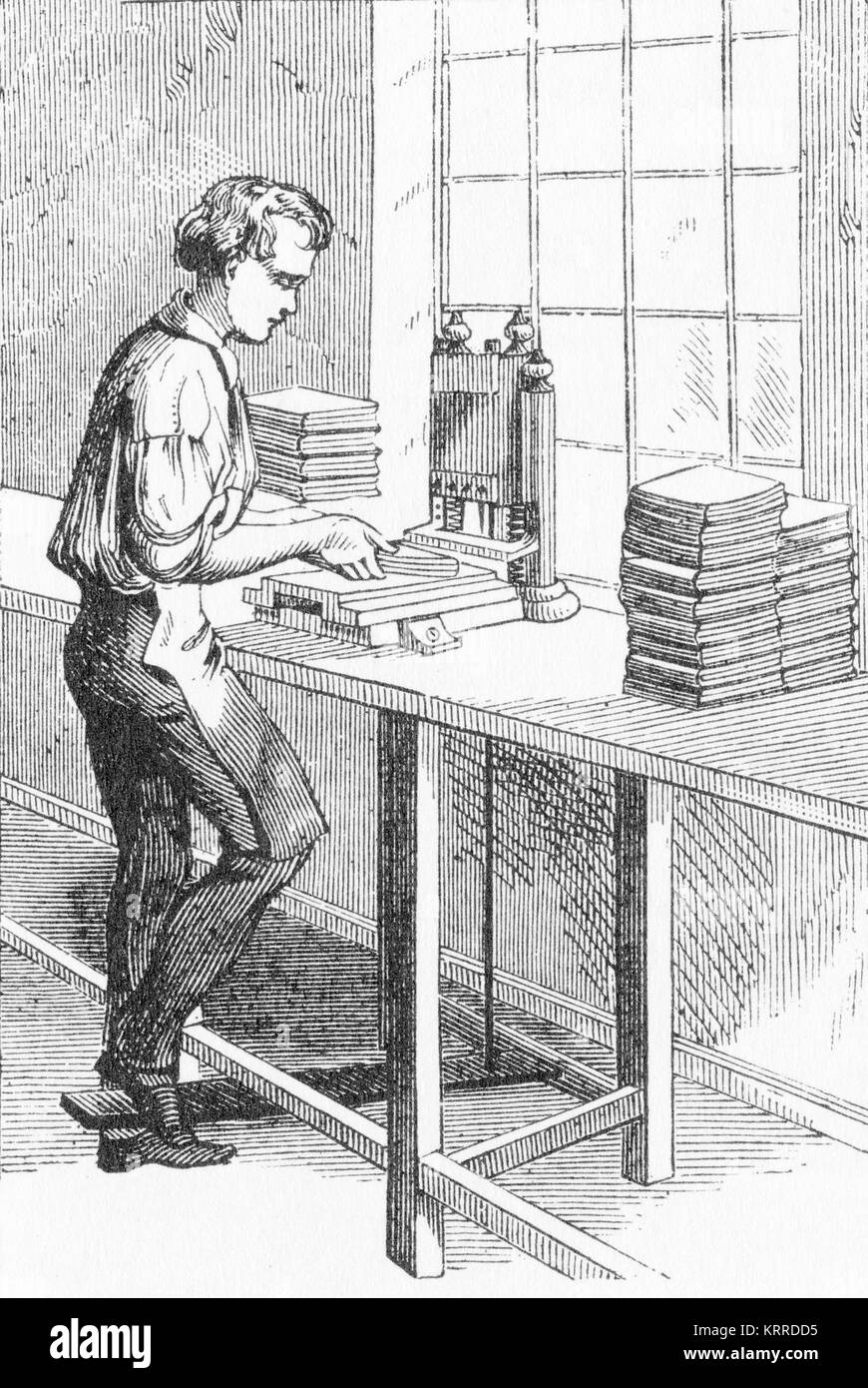 Engraving of a worker stabbing holes in signatures for sewing into ...