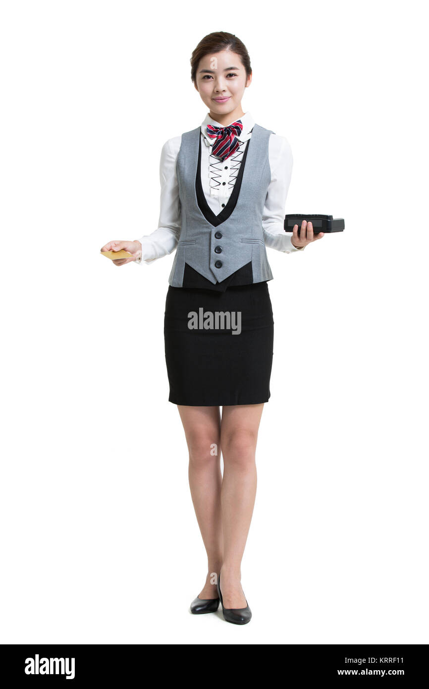 Smiling waitress in hotel and credit card payment Stock Photo - Alamy