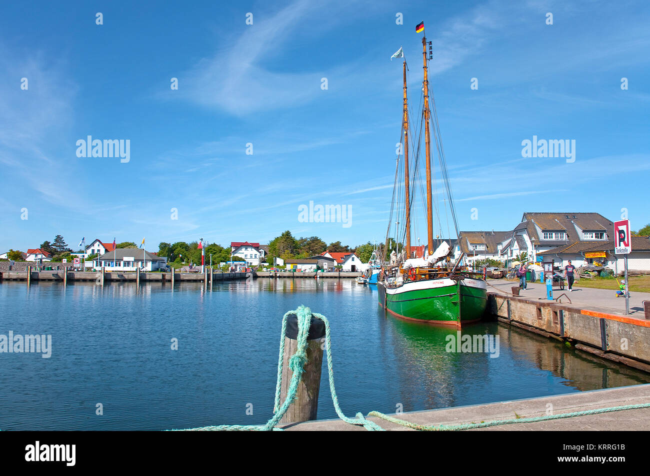 Brigantine at harbour of village Vitte, Hiddensee island, Mecklenburg ...
