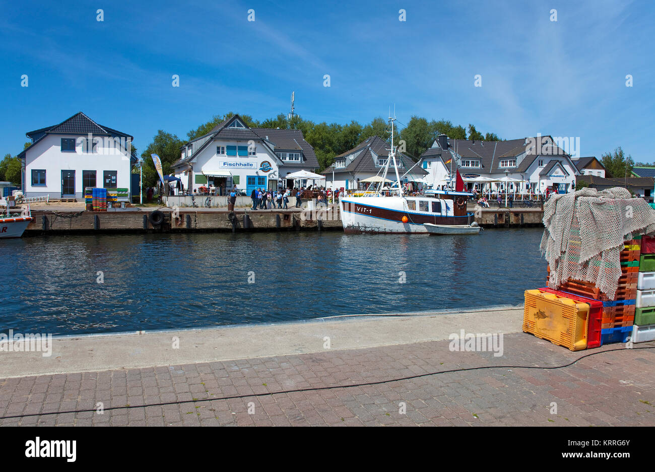 Fishing cutter at the harbour of the village Vitte, island Hiddensee ...