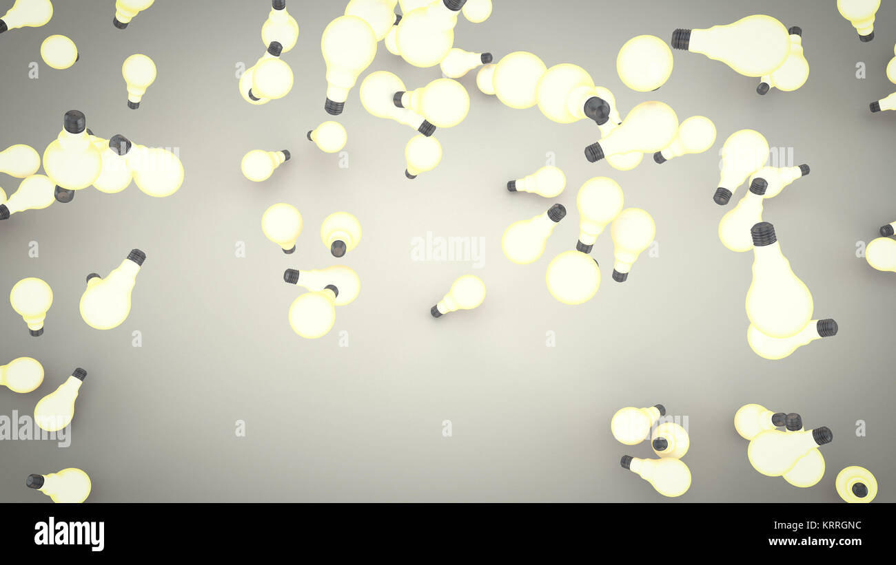 An impressive 3d rendering of white light bulbs flying in the air in the grey background. The ...