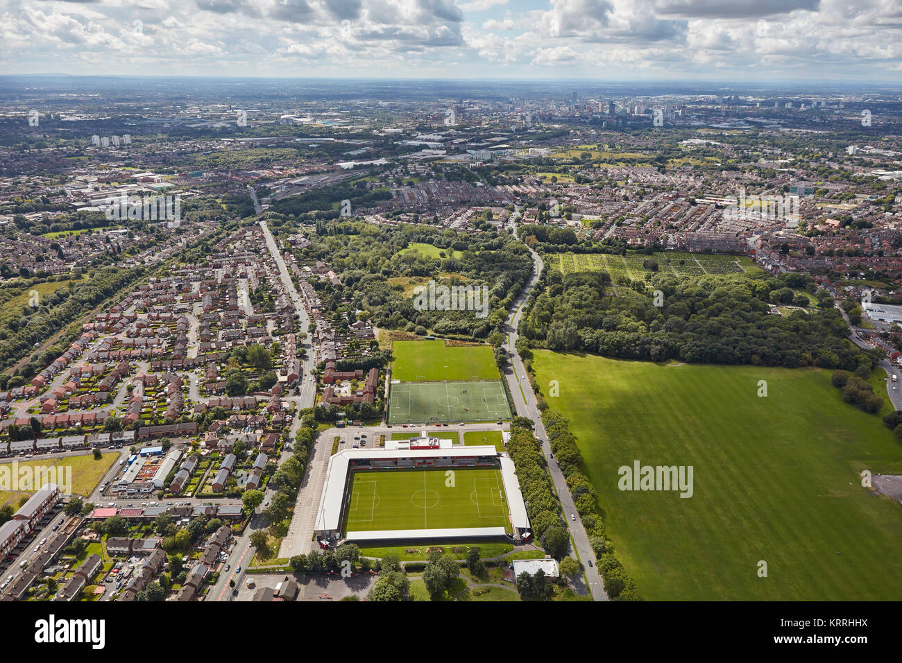 An aerial view of Broadhurst Park, home of FC United of Manchester ...