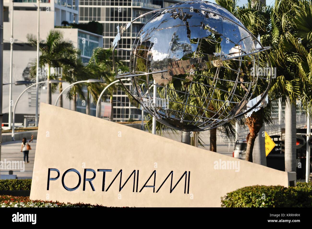 Modern Port of Miami sign outside, with globe reflecting scenery, one ...