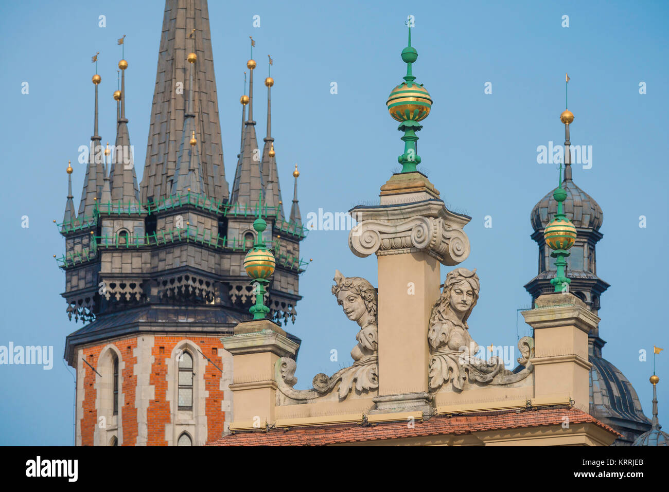Krakow Market Square, view of the Baroque gable of the main entrance to ...