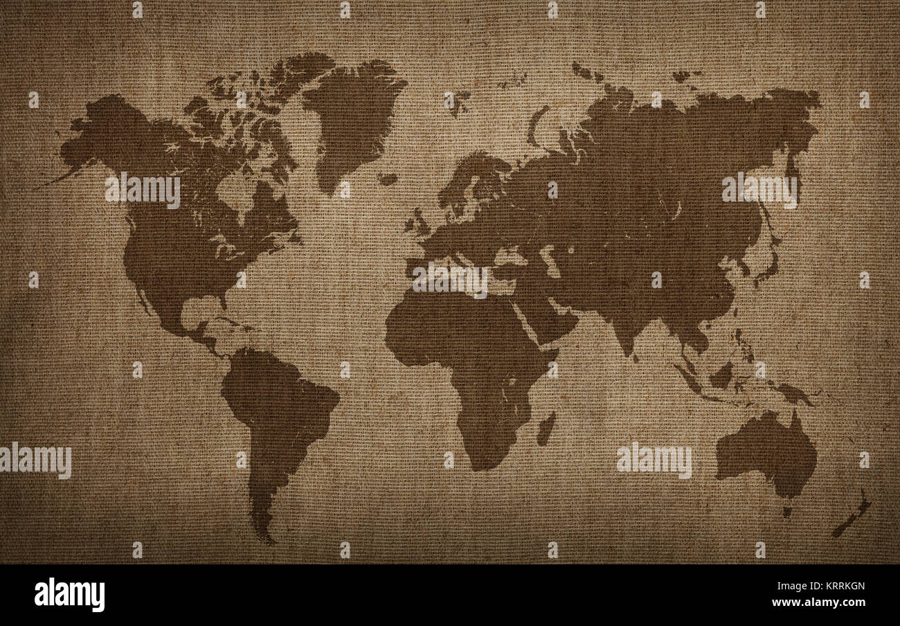 Brown world map on old vintage flax linen canvas Stock Photo - Alamy