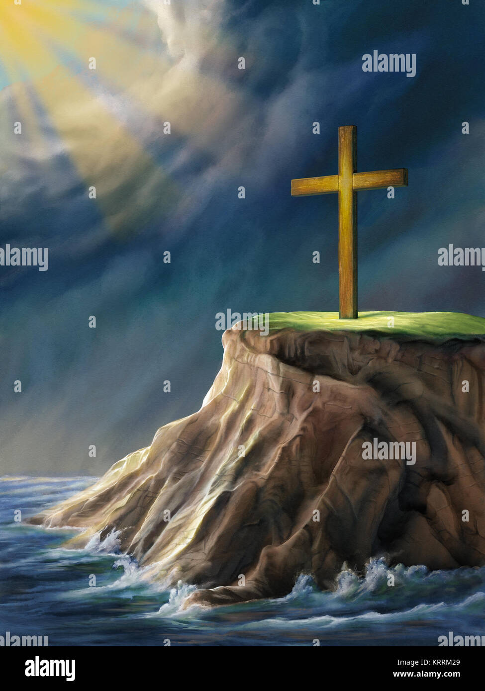 Wooden cross on a cliff during a seastorm. Digital painting Stock Photo ...
